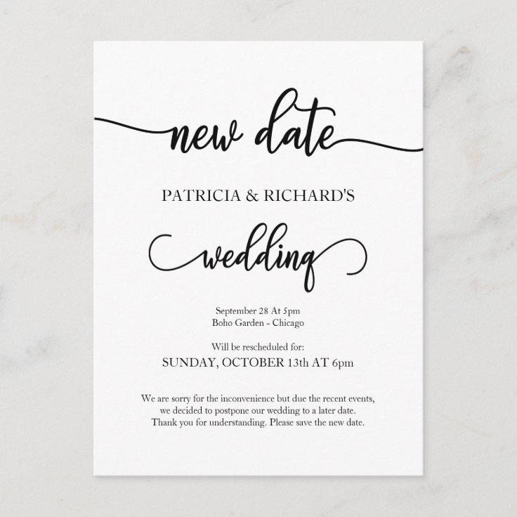 New Date Postponed Wedding Announcement Postcard | Zazzle