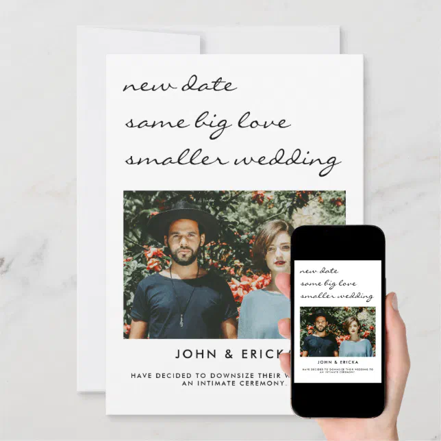 New Date Same Love Smaller Wedding Downsized Photo Announcement | Zazzle