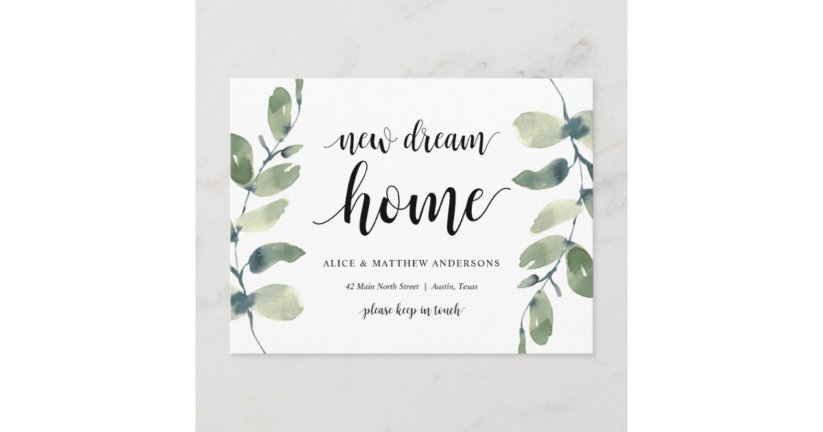 New Dream Home Address Announcement, Greenery Postcard | Zazzle
