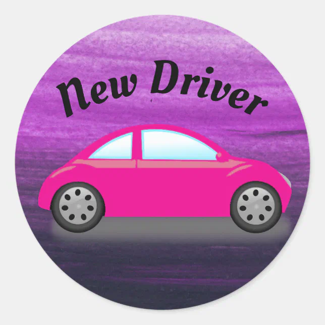 New Driver Pink Car on Violet Watercolor Sticker | Zazzle