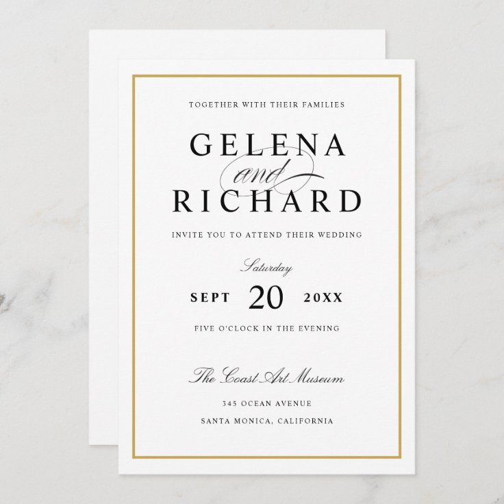 New Elegant Solid Gold Border Wedding Invitation | Zazzle