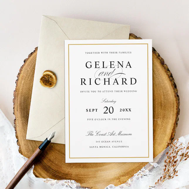 New Elegant Solid Gold Border Wedding Invitation | Zazzle