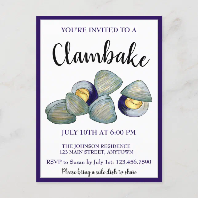 New England Clambake Clam Bake Beach Block Party Invitation Postcard ...