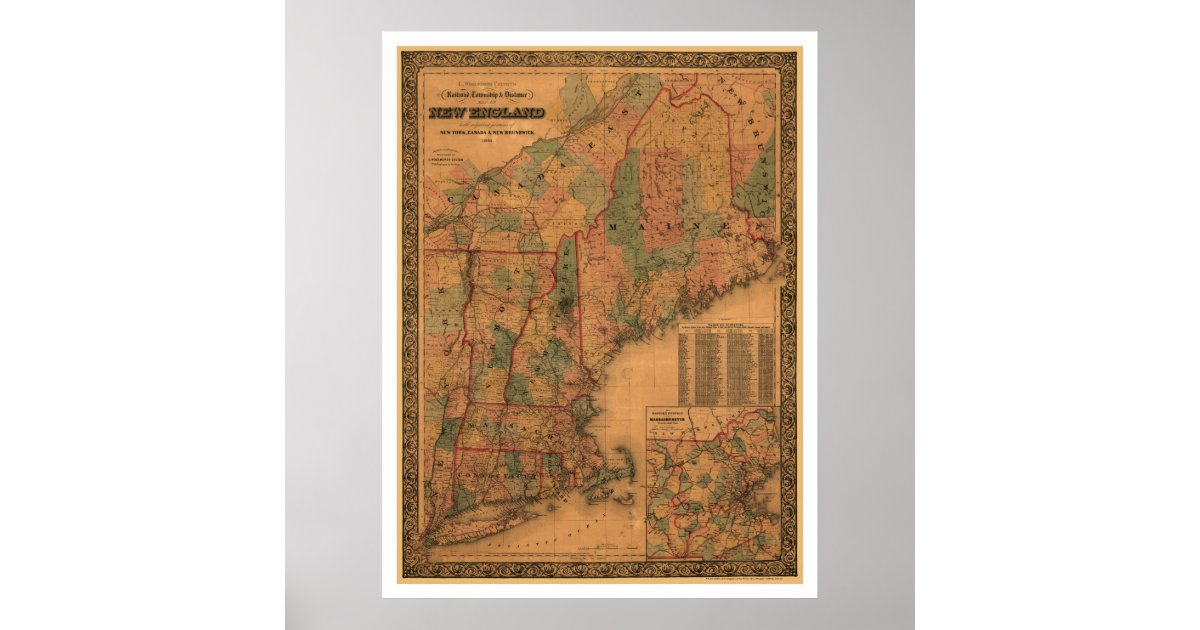 New England Railroad Map 1861 Poster | Zazzle