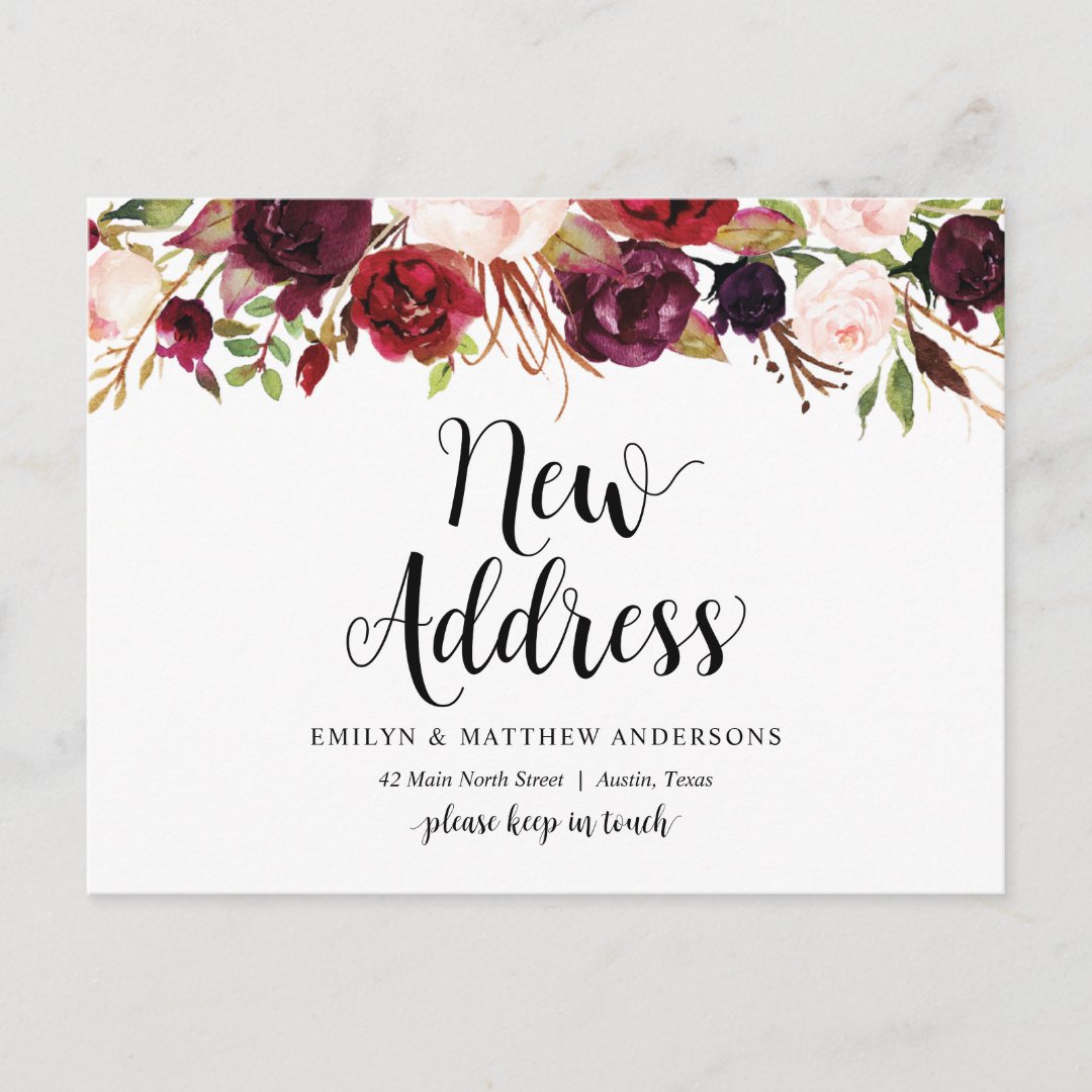 New home address, burgundy floral, Announcement Postcard | Zazzle