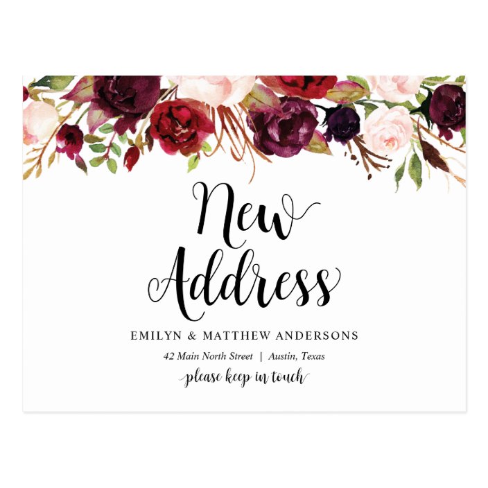 New home address, burgundy floral, Announcement Postcard | Zazzle.com