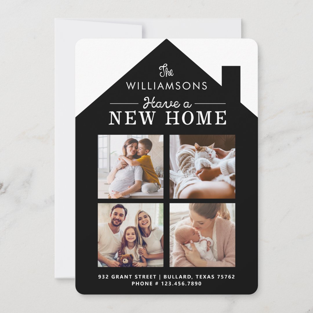 New Home Address Family Photo Collage Black Announcement | Zazzle