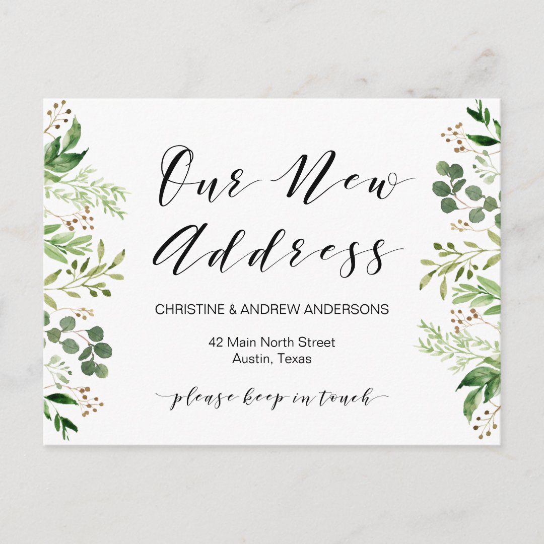 New Home Address, Greenery, Moving Announcement Postcard | Zazzle