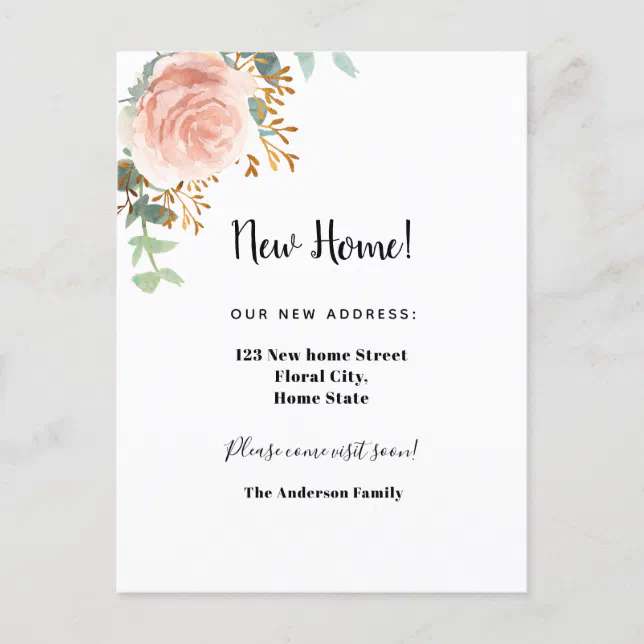 New home address rose gold floral eucalyptus announcement postcard | Zazzle