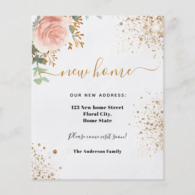 New home address rose gold floral moving card flyer | Zazzle