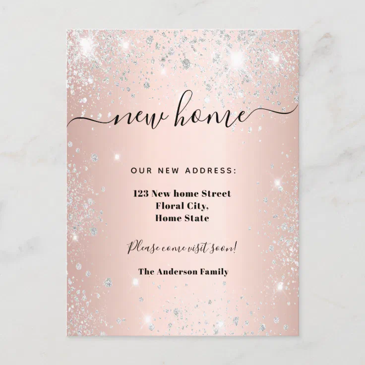 New home address rose gold silver glitter announcement postcard | Zazzle