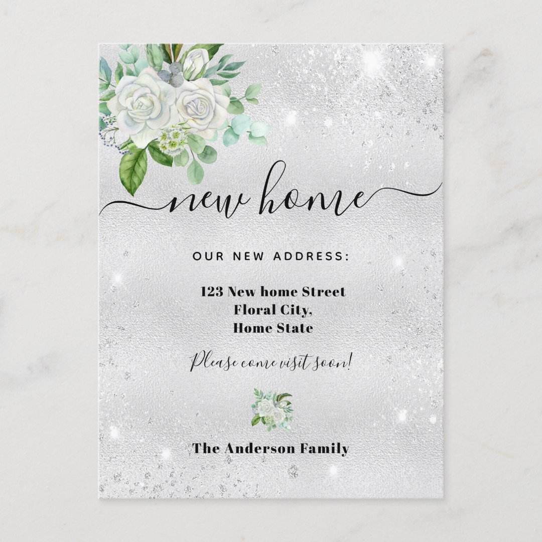 New home address silver floral glitter dust announcement postcard | Zazzle
