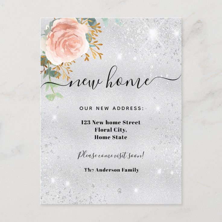 New home address silver floral rose gold glitter announcement postcard ...