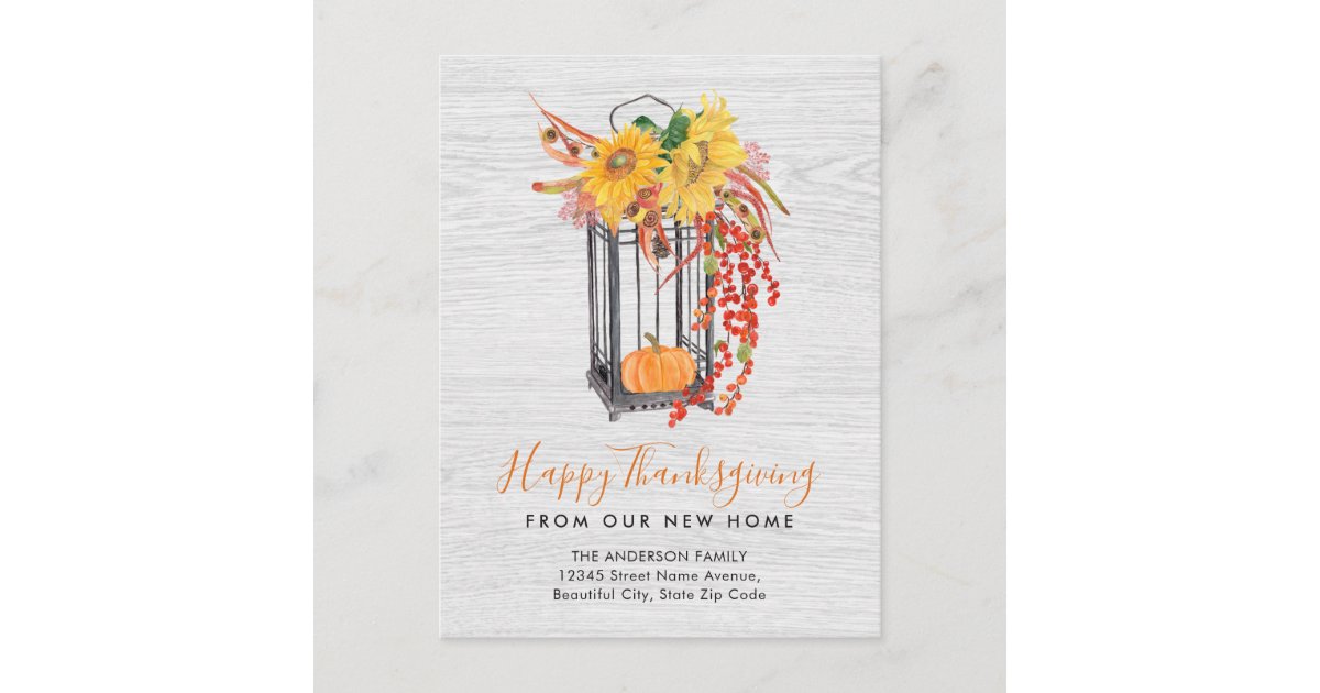 New Home Moved Thanksgiving Floral Pumpkin Moving Holiday Postcard | Zazzle