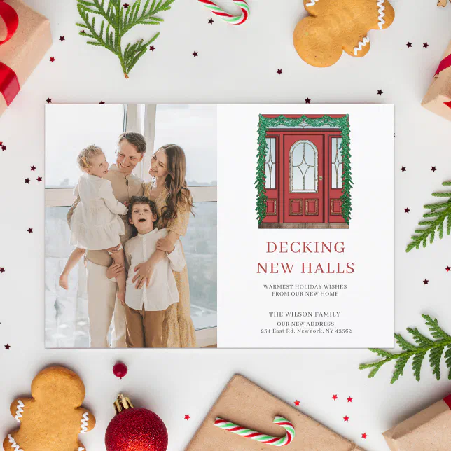 New Home Red Christmas Door Moving Photo Holiday Card | Zazzle