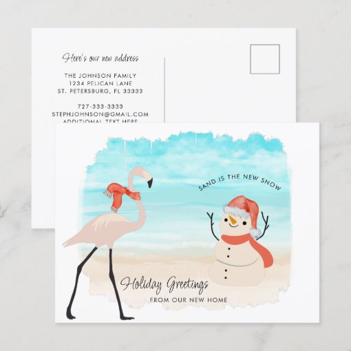 New Home Sandy Snowman Flamingo on Beach Holiday Postcard | Zazzle