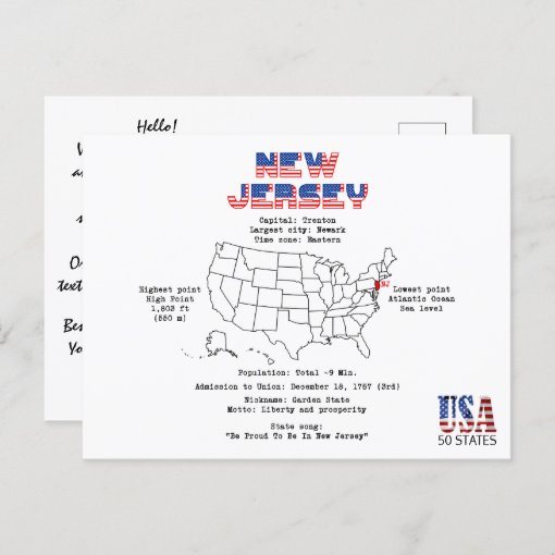 New Jersey American state on a map and useful info Holiday Postcard ...