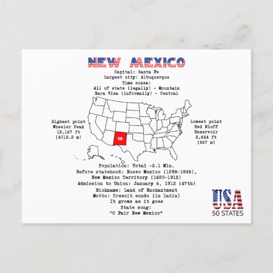 New Mexico American state on a map and useful info Holiday Postcard ...