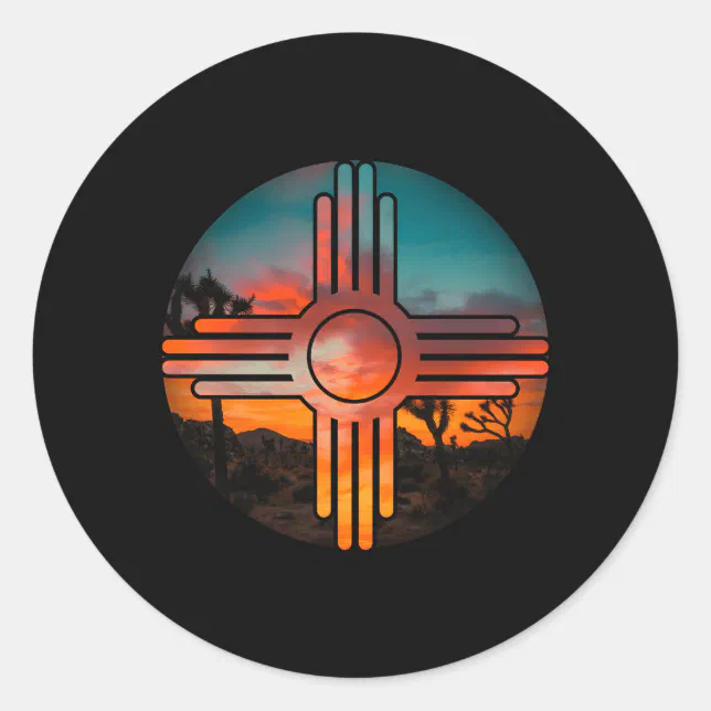 New Mexico Zia Symbol And Landscape Classic Round Sticker | Zazzle