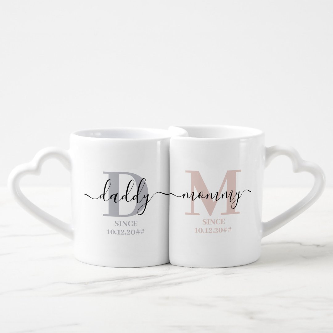New Mommy and Daddy Monogram Pink and Grey Coffee Mug Set | Zazzle