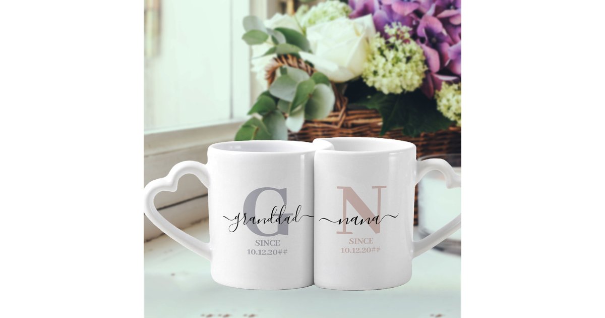 New Nana and Granddad Monogram Grey and Blush Coffee Mug Set | Zazzle