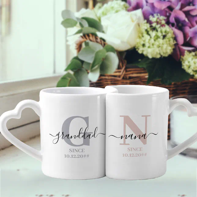 New Nana and Granddad Monogram Grey and Blush Coffee Mug Set | Zazzle