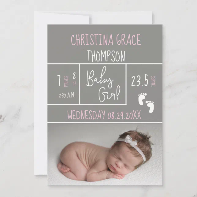 New Pink Birth Stats Baby Girl Birth Announcement | Zazzle