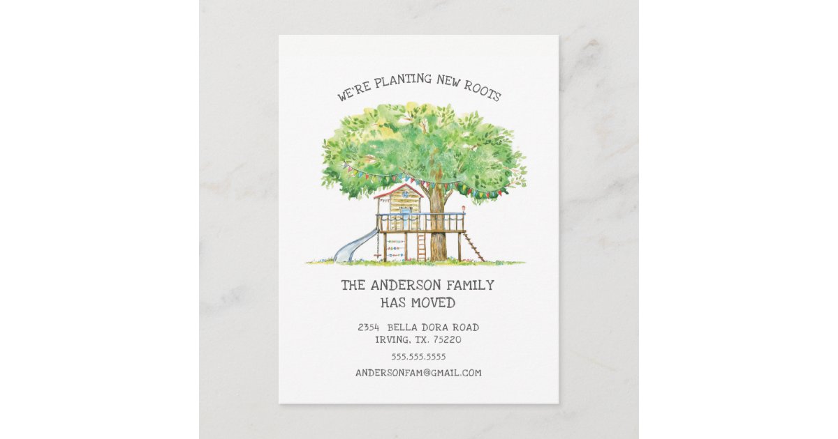 New Roots Treehouse Moving Announcement Post Card | Zazzle