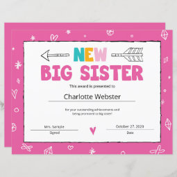 New Sister Certificate Sibling Certificate Award | Zazzle