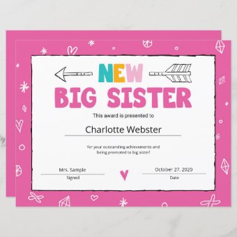 New Sister Certificate Sibling Certificate Award | Zazzle