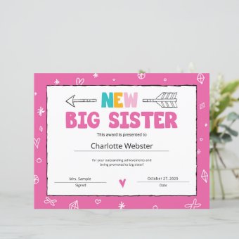 New Sister Certificate Sibling Certificate Award | Zazzle