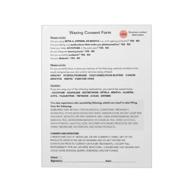 *New* Spa salon waxing consent form notepad | Zazzle