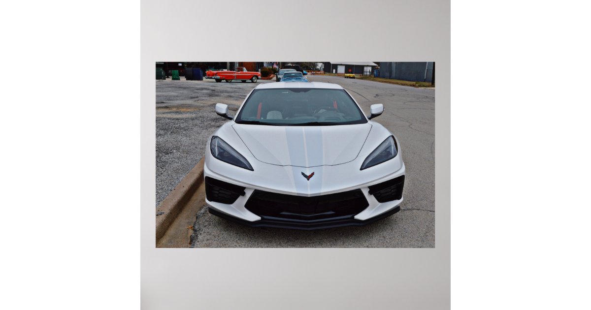 New White Corvette Car Ghost Racing Stripes Poster | Zazzle