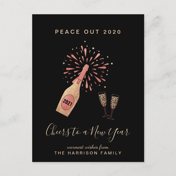 New Year Champagne Peace Out 2020 Gold Black Holiday Postcard | Zazzle.com