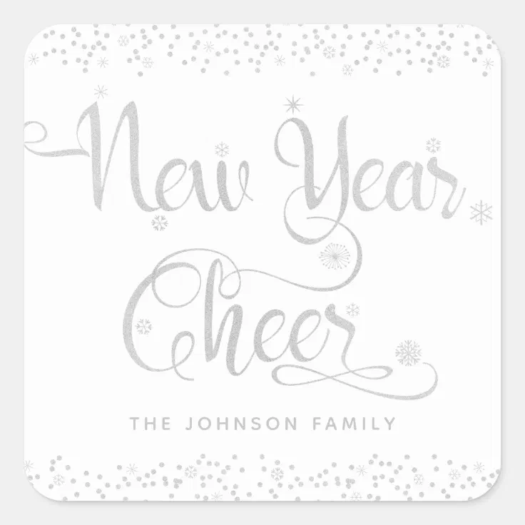 New Year Cheer Chic Silver Snowflakes White Custom Square Sticker | Zazzle