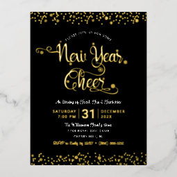 New Year Cheer Script Party Chic Black Real Gold Foil Invitation ...