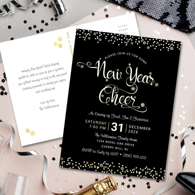 New Year Cheer Script Party Chic Black Real Gold Foil Invitation ...