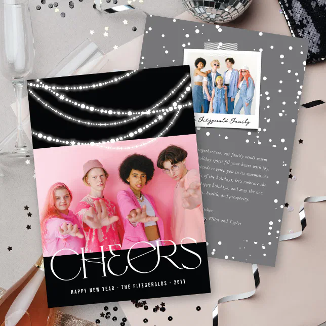 New Year Cheers Sparkling Lights Stylish Photo Holiday Card | Zazzle