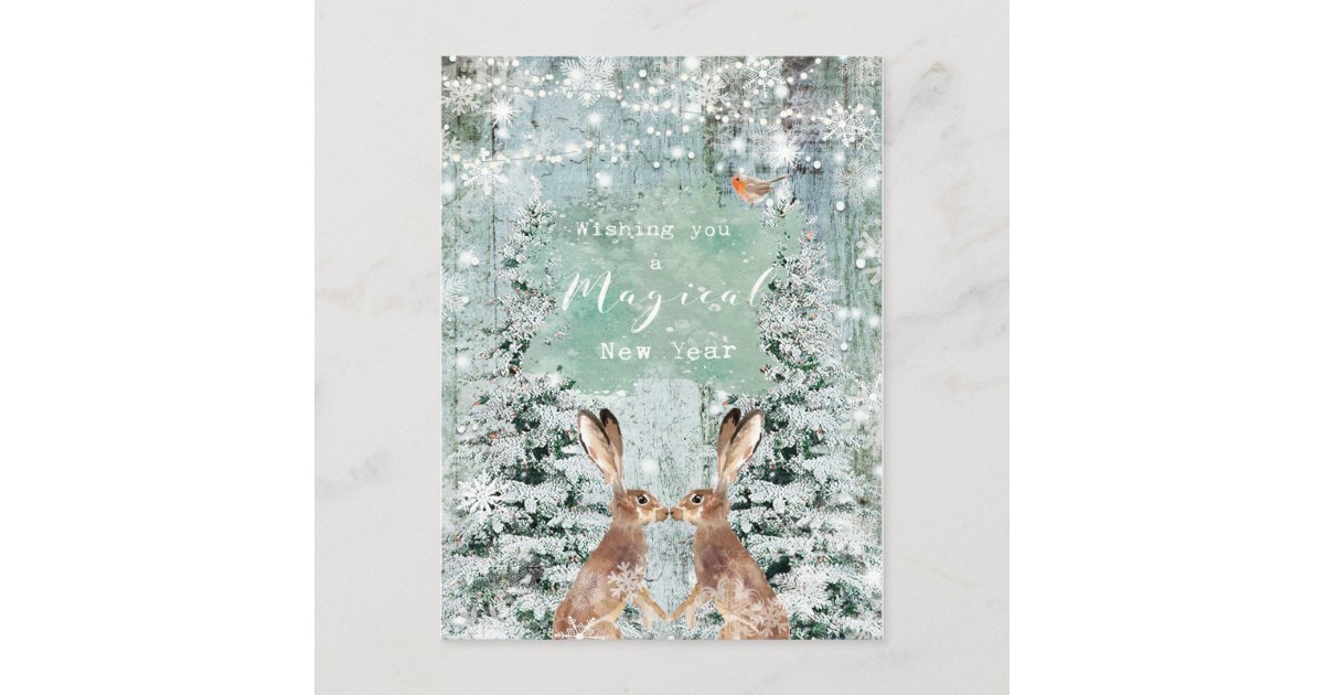 new year holiday winter robin hares postcard | Zazzle