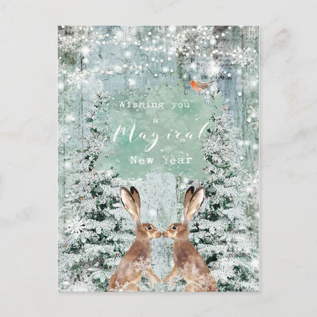 new year holiday winter robin hares postcard | Zazzle