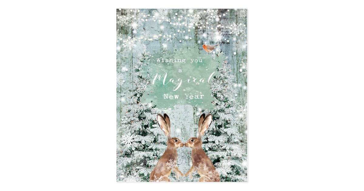 new year holiday winter robin hares postcard | Zazzle.com