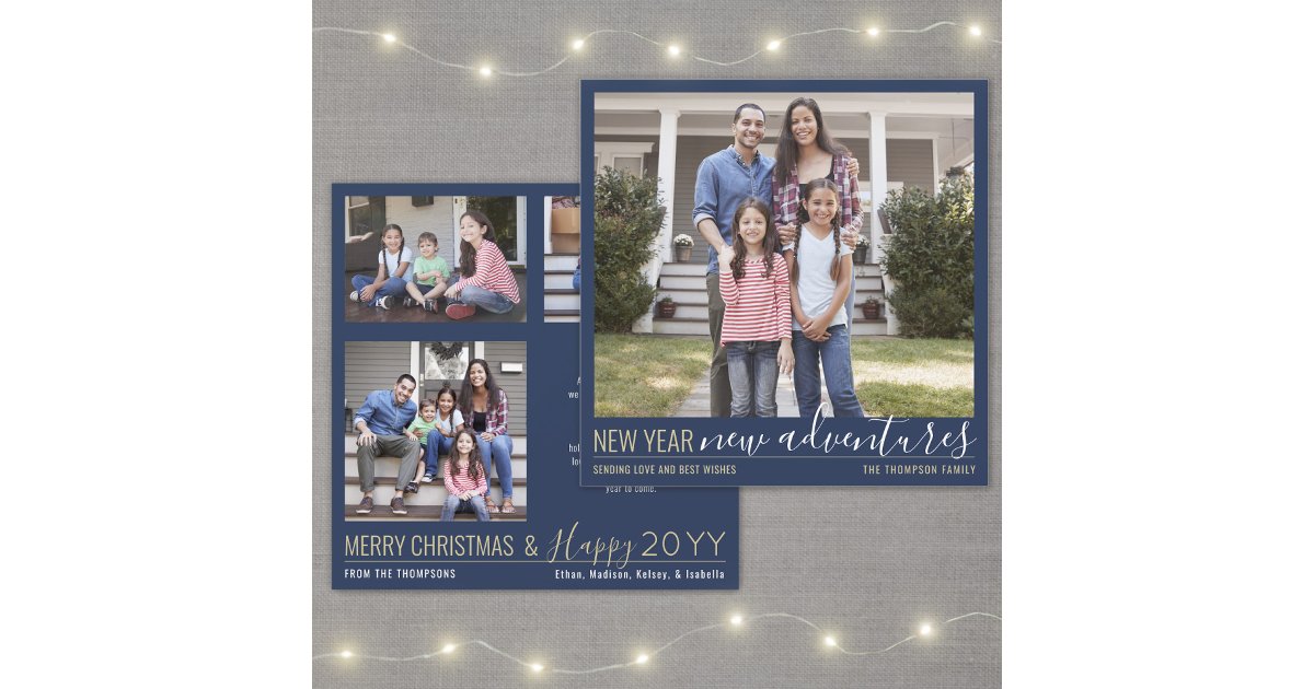 New Year New Adventures 4 Photo Navy Blue & Gold Holiday Card | Zazzle