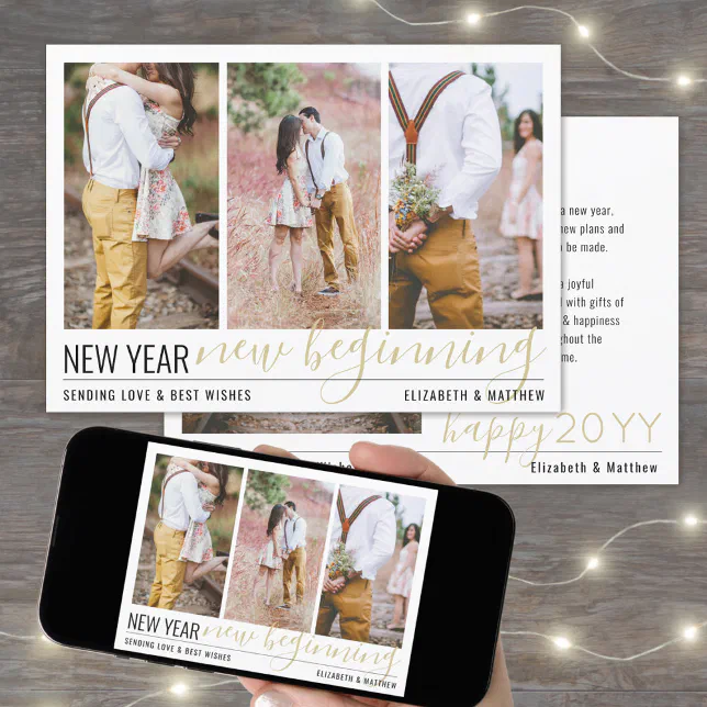 New Year New Beginning 4 Photo Gold Script Collage Holiday Card | Zazzle