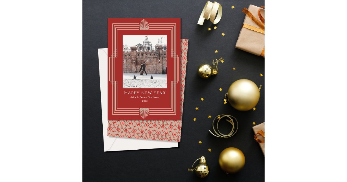 New Year Photo Art Deco Red Gold Holiday Card | Zazzle