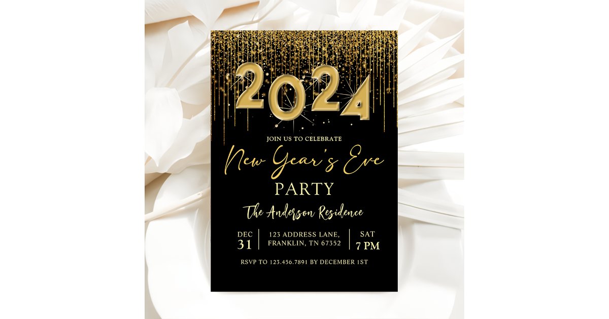 New Year's Eve Party 2024 Gold Glitter Invitation | Zazzle