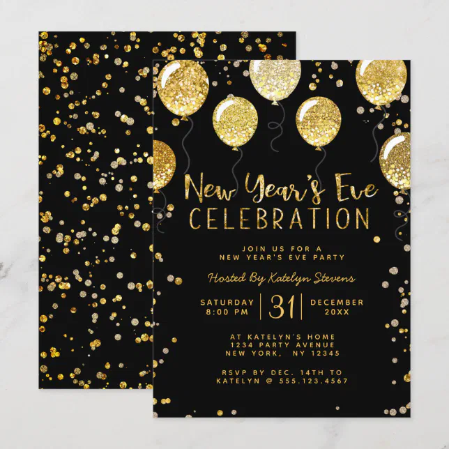 New Year's Eve Party Black & Gold Balloon Confetti Invitation | Zazzle