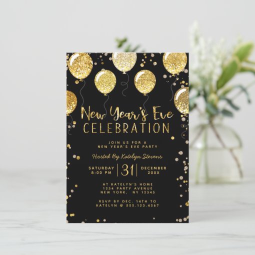 New Year's Eve Party Black & Gold Balloon Confetti Invitation | Zazzle