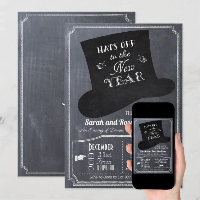 New Years Eve Top Hat Chalk Invitation | Zazzle