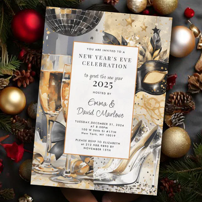 New Year's Party 2025 Black Gold Glitter Invitation | Zazzle