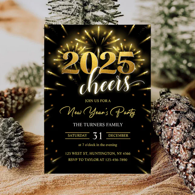 New Year's Party 2025 Gold Black Modern Invitation | Zazzle